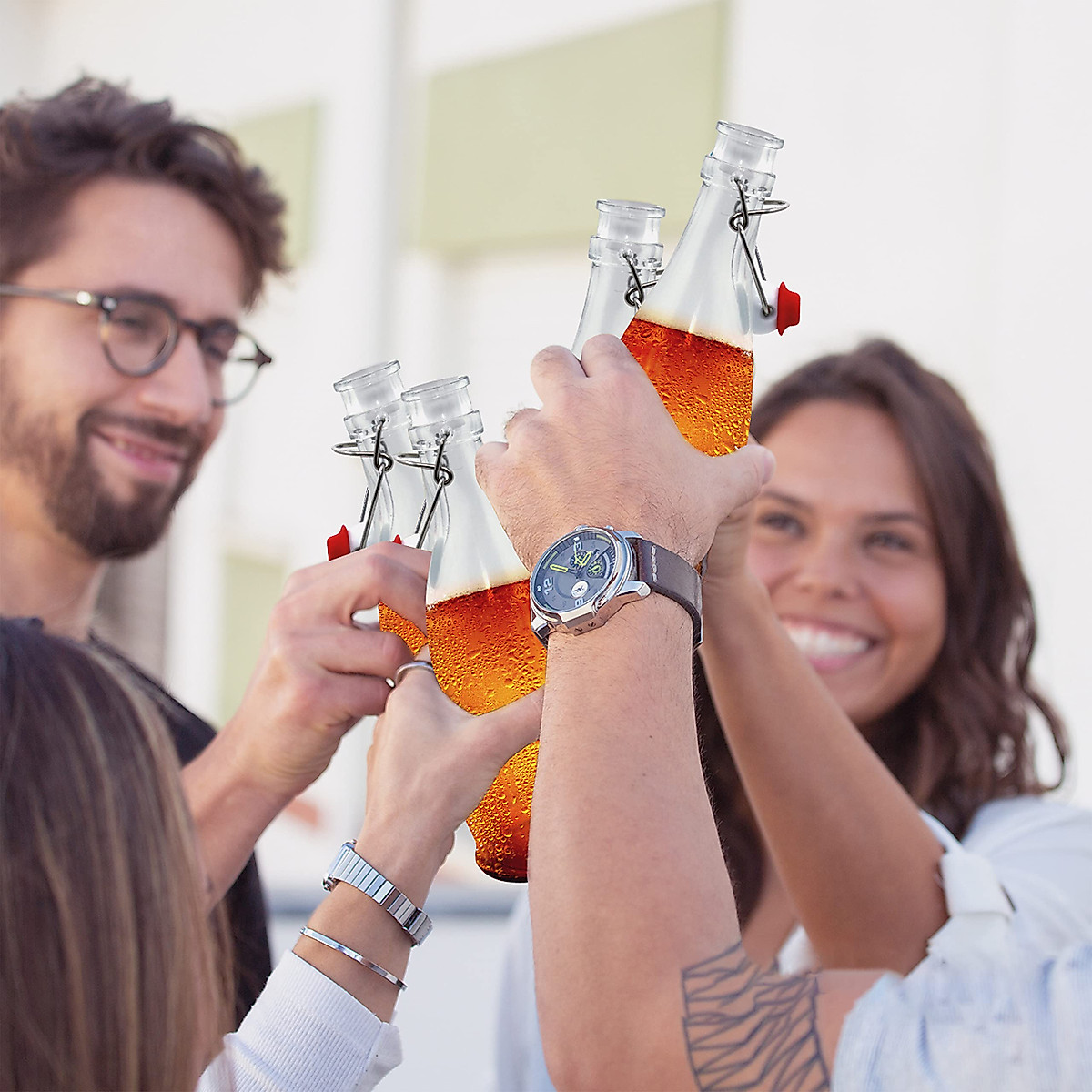 Nevlers Set of 6 | 8.5 Oz. Glass Bottle Set with Swing Top Stoppers and Includes Bottle Brush, Funnel and Gold Glass Marker | Swing Top Glass Bottles | Clear Glass Water Bottle