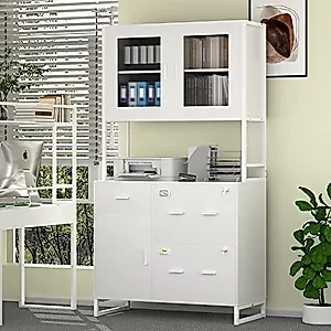 PAKASEPT 3 Drawers Lateral File Cabinet with 2 Lock, Letter/Legal/A4 Size, Large Modern Filing Cabinet Printer Stand with Doors and Storage Shelves for Home Office,White