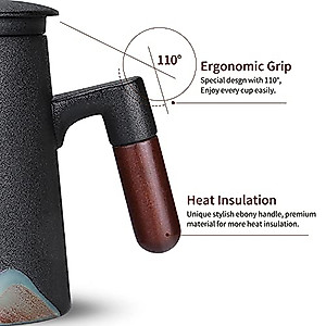 ENJOHOS Wooden handle Tea Mug Japanese Style Large Ceramic Tea Cup with Infuser and Lid, Fine Porcelain Infuser Mug for Work Life Gift (14 oz, Matte Black)