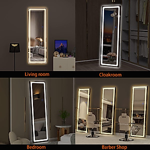 Hasipu Full Length Mirror with Lights, 56" x 16" LED Floor Mirror, Full Body Dressing Standing Mirror, Hanging Mounted Mirror for Living Room Bedroom Cloakroom, Round Black