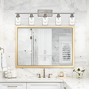 VINLUZ Modern 5 Light Wall Mounted Lighting in Brushed Nickel Finish Contemporary Bathroom Vanity Light Fixture with Seeded Glass Shade Over Mirror for Dressing Table Bedroom