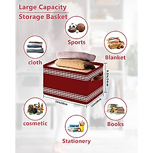 Storage Cubes Organizer with Handles, Rustic Farmhouse Storage Bins Fabric Collapsible Storage Baskets for Shelf Closet Nursery Cloth Organizers Box Burgundy Stripes 2pcs-15x11x9.5in