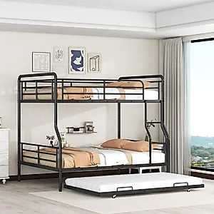 Full XL Over Queen Bunk Bed for Kids, Heavy Duty Bunk Bed Full Over Queen with Twin Size Trundle, Ladder and Safety Guardrail for Boys Girls, Easy Assemble (Black)