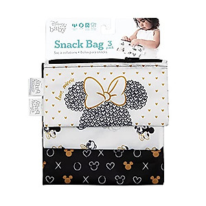 Bumkins Disney Reusable Sandwich and Snack Bags, for Kids School Lunch and for Adults Portion, Washable Fabric, Waterproof Cloth Zip Bag, Travel Pouch, Food-Safe, 3-pk Love, Minnie