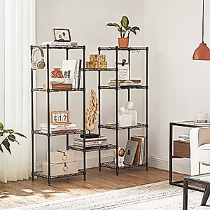 SONGMICS Kitchen Metal Shelves, 5-Tier Wire Shelving Unit with 8 Hooks, Narrow Storage Rack with PP Shelf Liners, Height-Adjustable, for Bathroom, Pantry, Black ULGR115B01