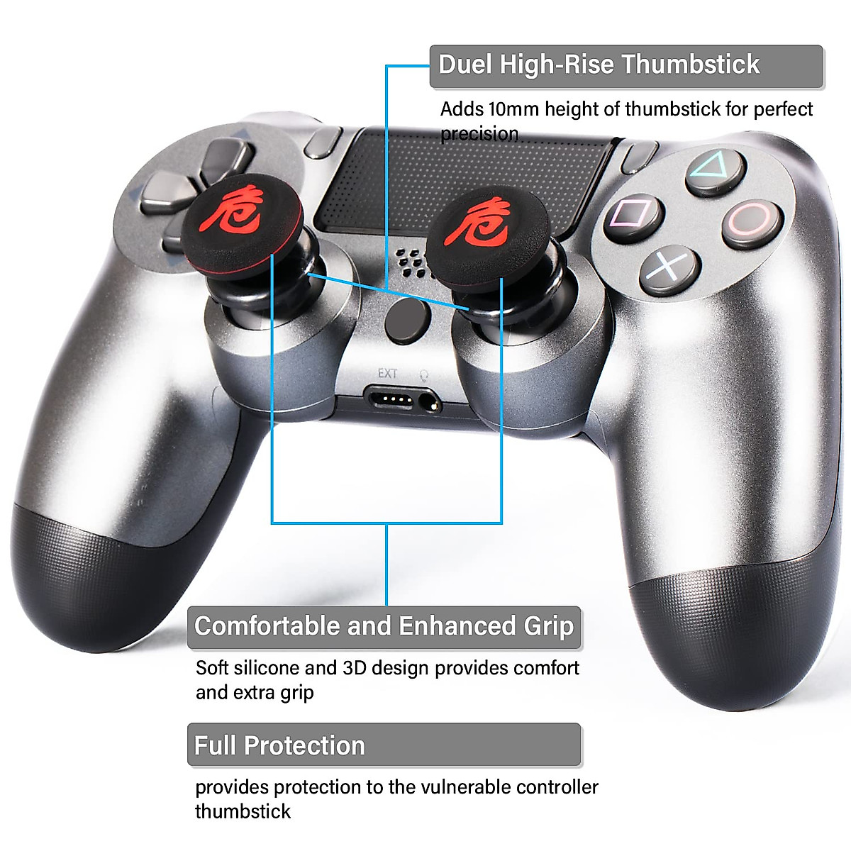 Playrealm FPS Thumbstick Extender & Printing Rubber Silicone Grip Cover 2 Sets for PS5 Dualsenese & PS4 Controller (Danger of Kanji)