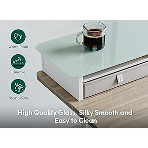 FEZIBO 48 x 24 Inch Height Adjustable Glass Electric Standing Desk with Double Drawer, Stand Up Desk with Storage Shelf, Sit Stand Desk, Light Walnut