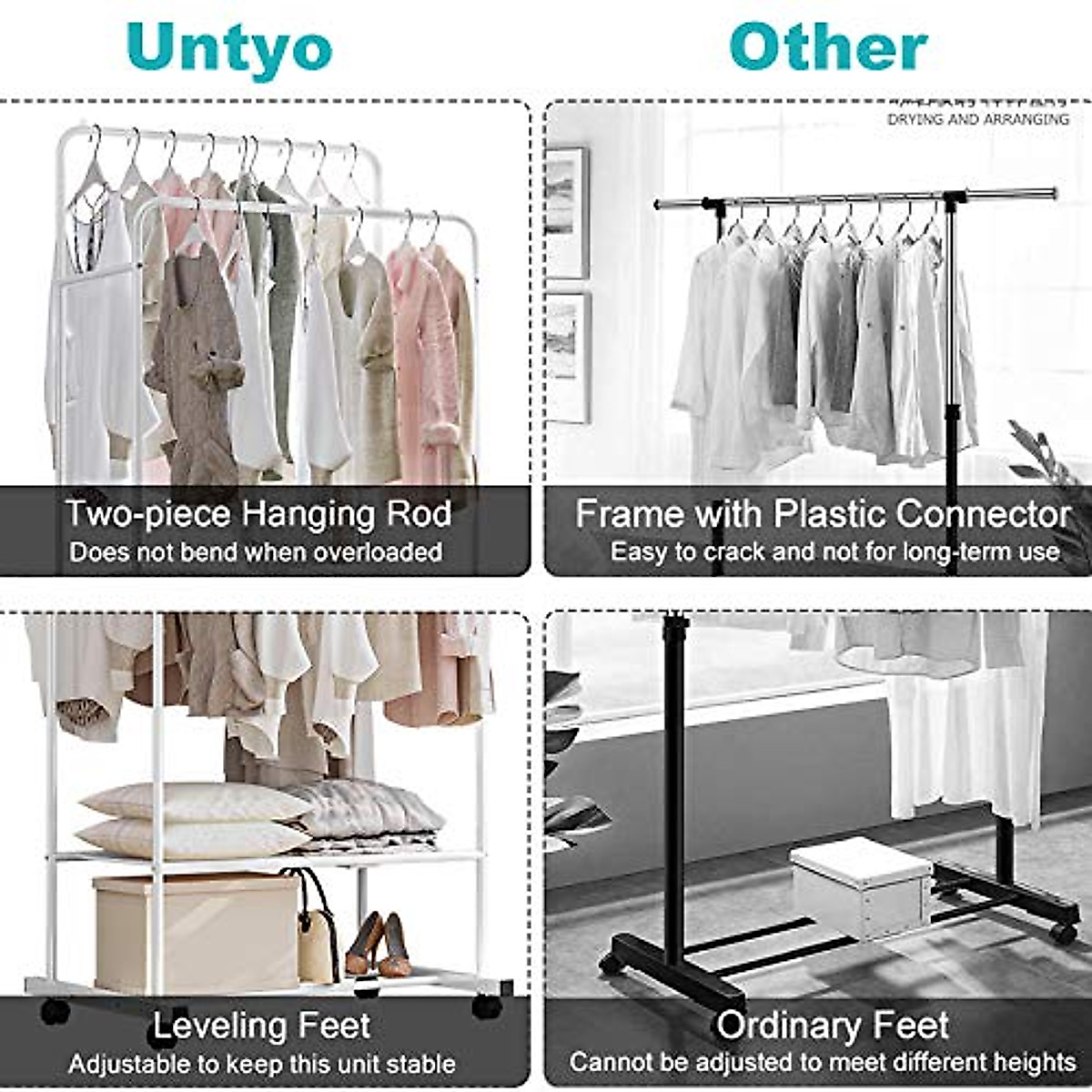Untyo Clothing Rack with Wheels Double Rails Clothes Rack Rolling Rack for Indoor Bedroom Clothes Rack Max Load 110LBS Shelf on Wheels(White)