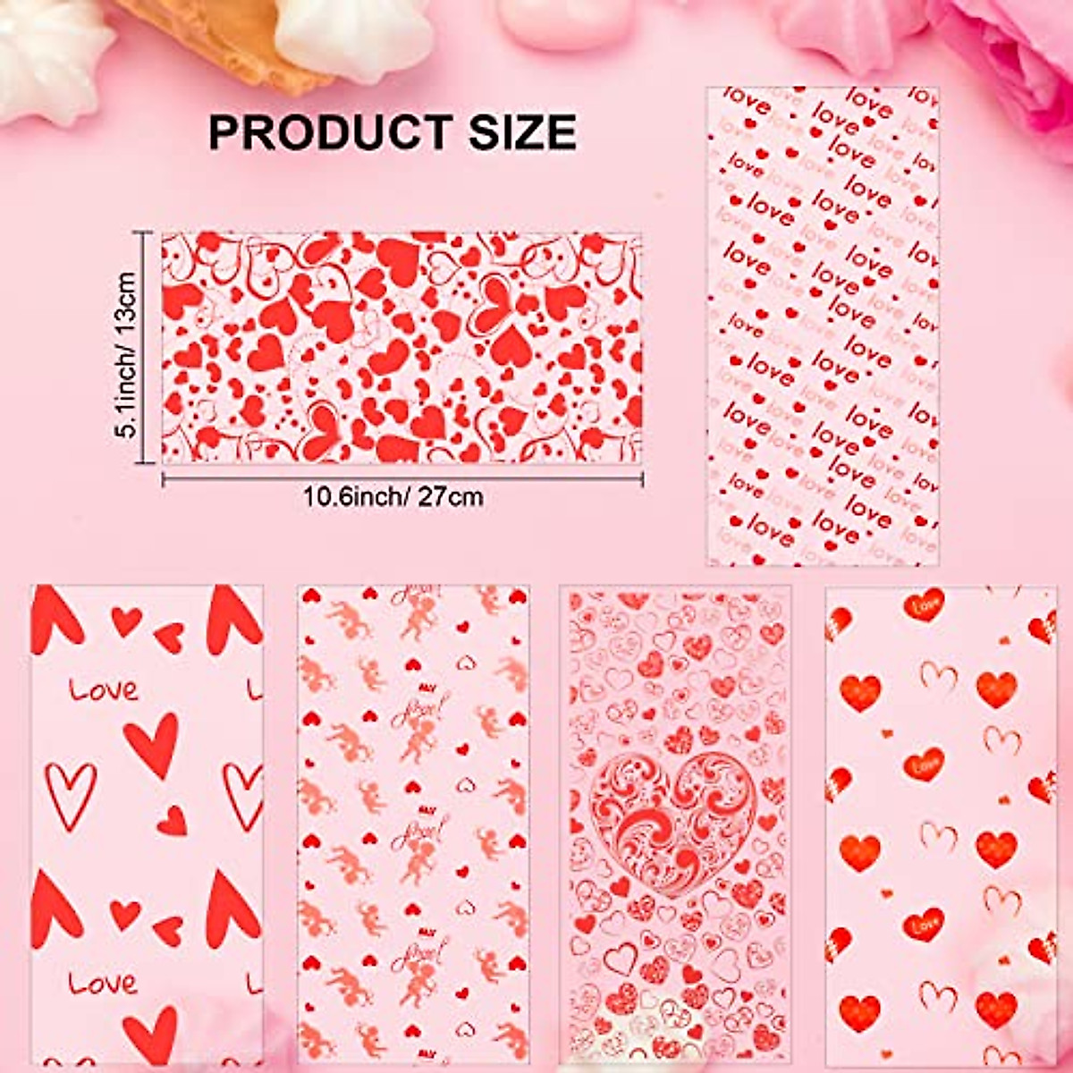 Konsait Valentine's Day Heart Love Cellophane Treat Bags, 120 Pcs Red Heart Love Candy Wrapper Bags with Twist Ties for Baby Shower Birthday Party Favors Valentines Cookies Goodie Gift Bags