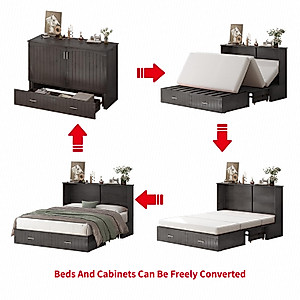 PUREMIND Murphy Bed Cabinet with Built-in Charging Station and Storage Drawer, Solid Wood Cabinet Bed Queen Size with Mattress, Murphy Cube Chest Bed for Guest Room, Home, Office,Gray