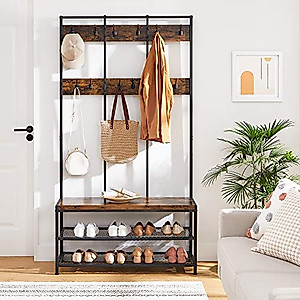 VASAGLE Large Coat Rack Stand, Coat Tree with 12 Hooks and Shoe Bench in Industrial Design, Hall Tree, Multifunctional Hallway Shelf, Office, Bedroom, Rustic Brown and Black UHSR86BX