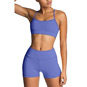 IMEKIS Workout Sets for Women 2 Piece Yoga Outfit: Tracksuits High Waisted Running Biker Shorts with Adjustable Strap Sport Bra Exercise Running Clothes Athletic Gym Sets Matching Active Wear Blue S