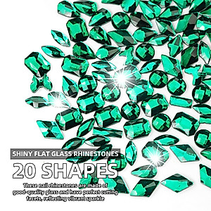 Nail Art Rhinestones, 1000 Special-Shaped Diamonds Mix 20 Styles Flatback Rhinestone Crystals Decorations Green Gemstones Set, Nail Gems and Rhinestones Kit for Nails, Crafts, Clothes, Jewelry