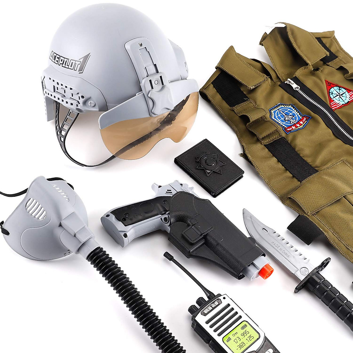 Liberty Imports Fighter Jet Pilot Kids Boy Costume Deluxe Dress Up, Air Force Military Role Play Set with Helmet, Toy Gun, Weapons, Accessories (9 Pcs)