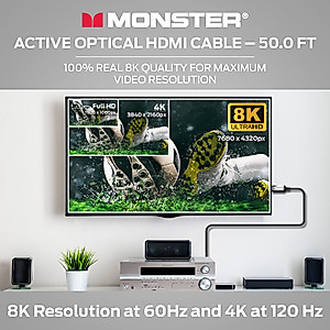 Monster Essentials Directional Fiber Optic HDMI 2.1-48 Gbps Active Optical Cable Featuring Aluminum Extrusion Connector - Supports 8K @ 60HZ, 4K @ 120HZ, Premium Certified, V-Grip, 50ft