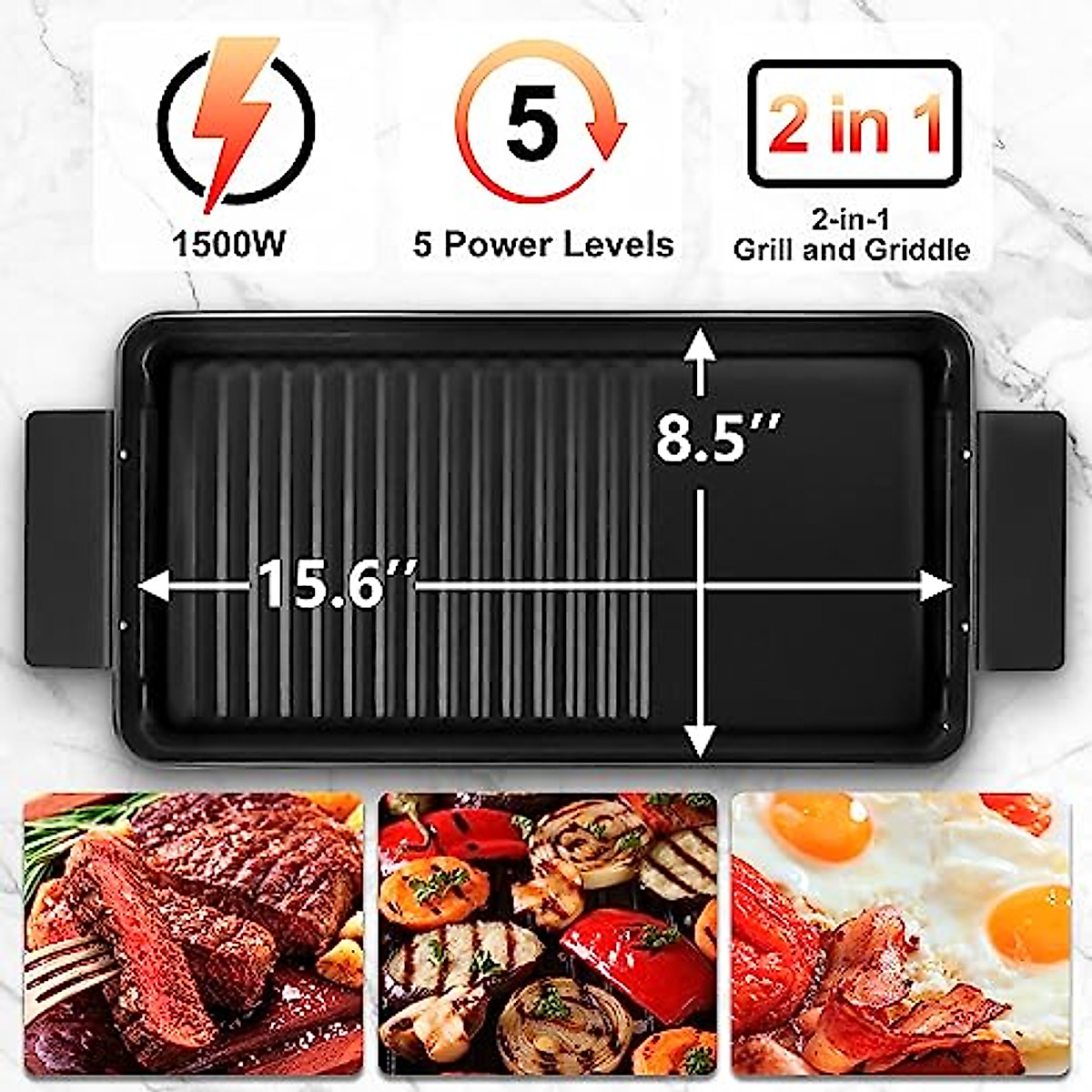 Indoor Electric Grill, Techwood 1500W BBQ Korean Grill with 5 Gear Temperature Adjustment & Metal Drip Tray, Handle, Removable Griddle and Grill Barbecue Plate for Party Cooking, Stainless Steel, Silver