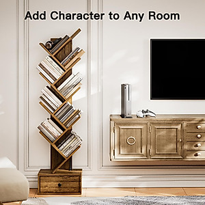 Pipishell Bookshelf with Drawer, 8-Tier Vertical Tree Bookshelf, Modern Bookcase, Modern Book Storage, Book Shelf Organizer for Living Room, Bedroom, Home Office, Rustic Brown, PIBS03WN