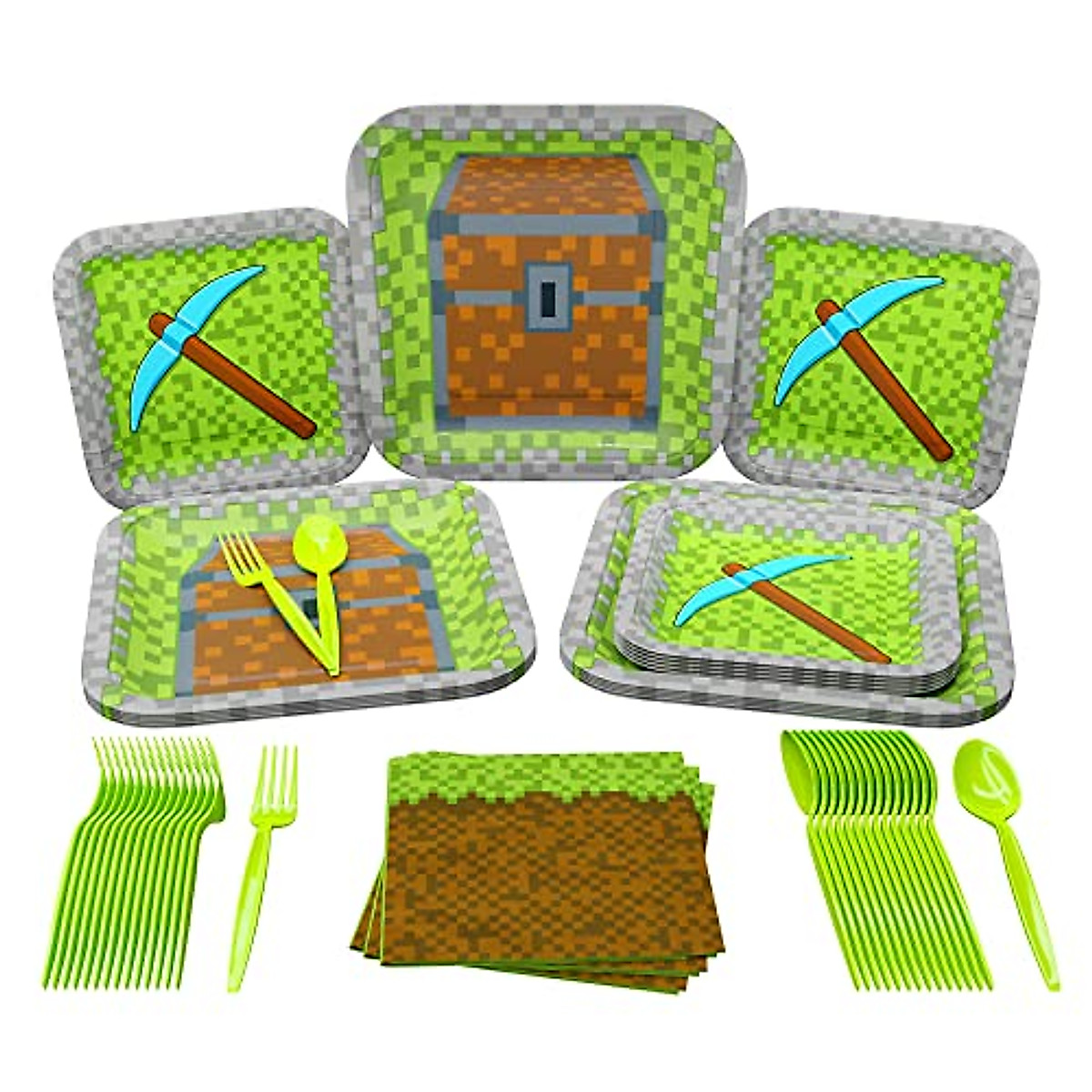 Mining Fun Ultimate Party Supplies Pack (123 Pieces for 16 Guests) - Gamer Party Supplies, Gamer Birthday Decorations, Mining Craft Party, Pixel Miner Party, Gamer Birthday Party, Blue Orchards