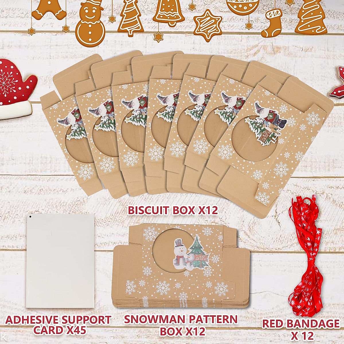 OurWarm 12pcs Christmas Cookie Gift Boxes Treat Boxes for Holiday Gift Giving and Christmas Party Supplies, Christmas Kraft Paper Food Bakery Boxes with Clear Window, Oilpaper and Ribbons