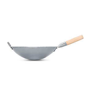 Craft Wok Traditional Hand Hammered Carbon Steel Pow Wok with Wooden and Steel Helper Handle (14 Inch, Round Bottom) / 731W88