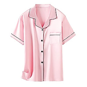 Silk Pajamas for Women, 2 Pcs Comfy Sleepwear Short Sleeve Button Down Sexy Satin Summer Soft Pjs Set, Pink, Medium