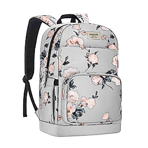 MOSISO 15.6-16 inch Laptop Backpack for Women, Polyester Anti-Theft Stylish Casual Daypack Bag with Luggage Strap & USB Charging Port, Camellia Travel Backpack, Grey