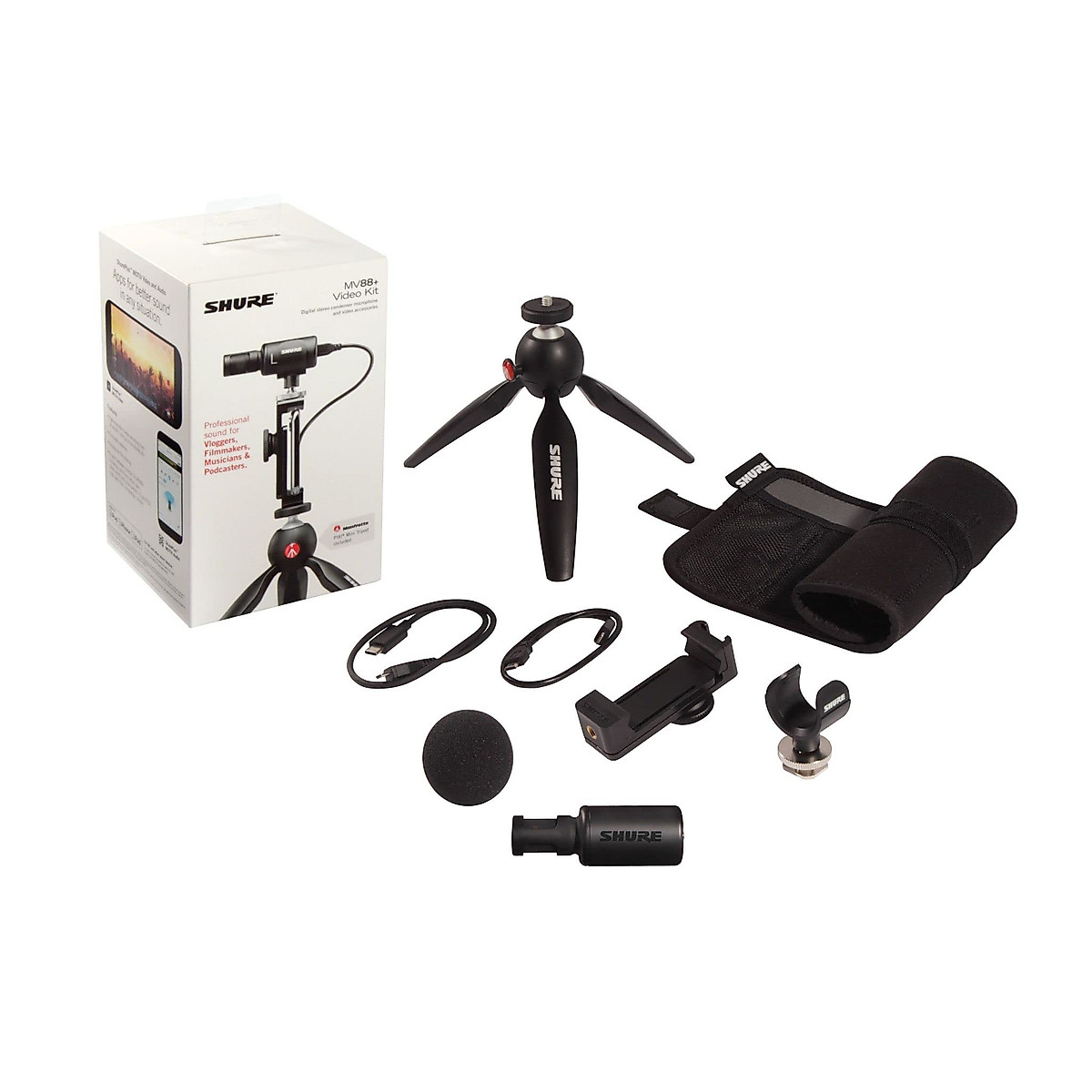 Shure MV88+ Video Kit - Digital Stereo Condenser Microphone for Apple and Android, with Manfrotto PIXI Tripod, Phone Clamp, Mount, iOS and USB-C Cables for Next-Level Connectivity (MV88+ Video KIT)