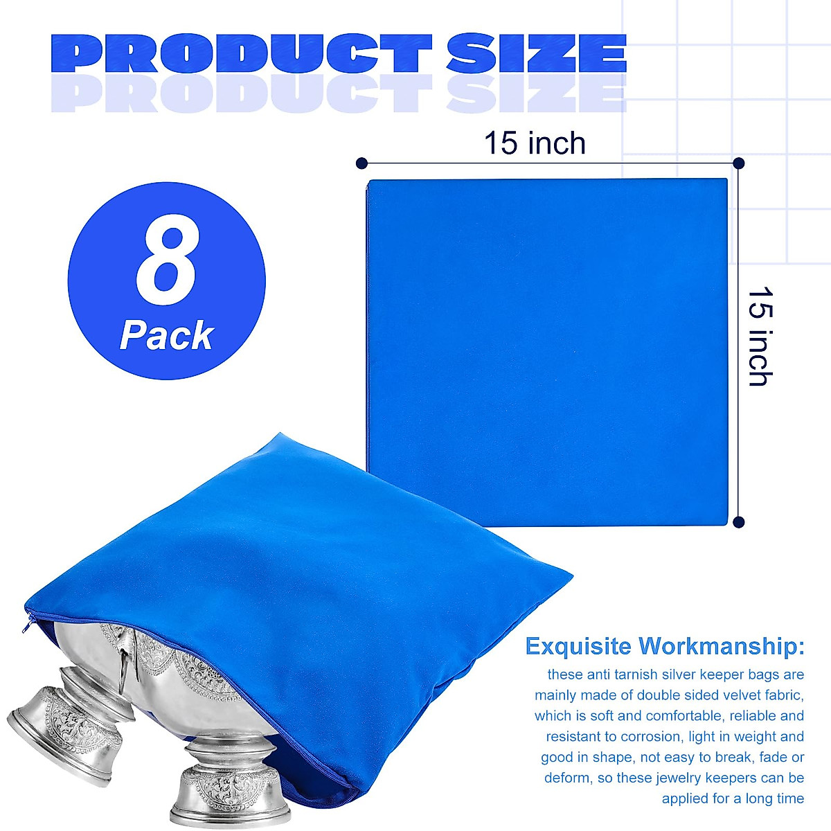 Sanwuta 8 Pcs Zippered Silver Storage Bags Anti Tarnish Bags Silver Pouches Silver Keeper Jewelry Storage Protector Bags (Navy Blue, 15 x 15 Inch)