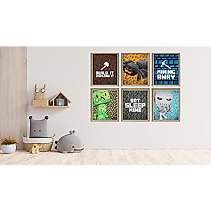 Mining Away - Pixel Video Game Craft Miners Room Wall Hanging Art Prints Decor Poster Sign Pictures Bedroom (Set of Six)