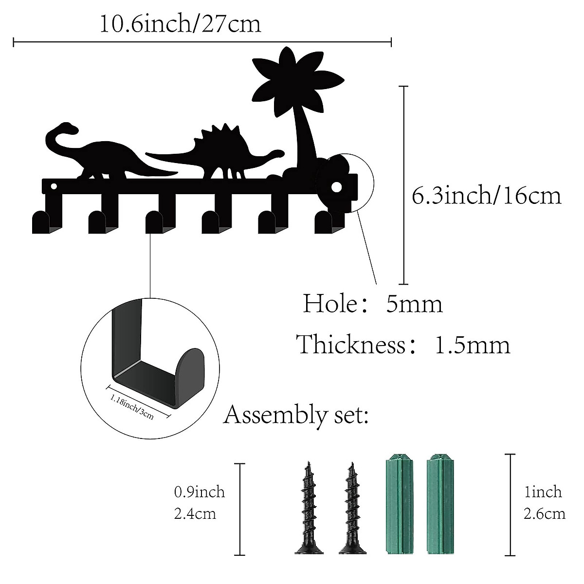 CREATCABIN Dinosaur Metal Key Holder Black Key Hooks Wall Mount Hanger Decor Iron Hanging Organizer Rock Decorative with 6 Hooks for Home Housewarming Gift Entryway Cabinet Hat Towel 10.6 x 6.3inch