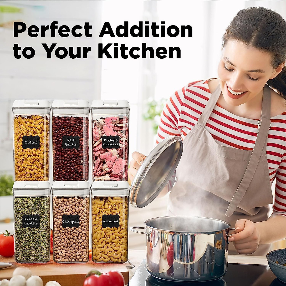 Shazo Airtight Food Storage Containers with Lids - 6 PC BPA Free Clear Plastic Cereal Containers with Easy Lock Lids for Kitchen and Pantry Organization for Snacks and Pasta - 1.2 L