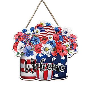 4th of July Decorations Welcome Door Sign, Patriotic Door Decor, Fourth of July Decorations Outdoor, Independence Day Door Hanger for Front Door, Memorial Day Wall Hanging, Porch Sign 11x11 Inch