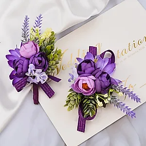 URROMA Wrist Corsage and Boutonniere Set, 1 Set Small Rose Purple Hand Flower for Prom Artificial Wedding Wrist Corsage for Wedding Party Prom