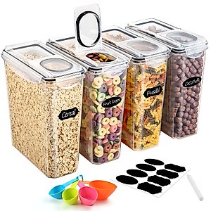 OSTBA APPLIANCE 4 PCS Food Storage Container 3.7L, Cereal Storage Containers with Lid Airtight, Clear Plastic BPA Free Kitchen Storage Containers for Flour, Oats, Careal Dispenser with Labels