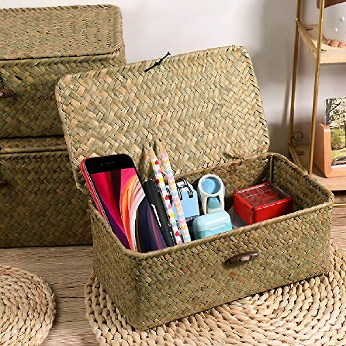 Seagrass Basket Storage Basket with Lid Multipurpose Container for Home Organization - S, woven seagrass basket M, wicker storage baskets L hyacinth baskets