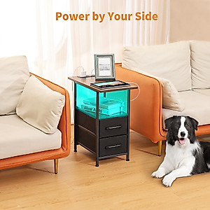 LAKEMID Narrow Side Table Set 2 with LED Light and USB C Port, Night Stand with Charging Station, Skinny End Table with 2 Fabric Drawers, for Bedroom, Living Room, Rustic Brown