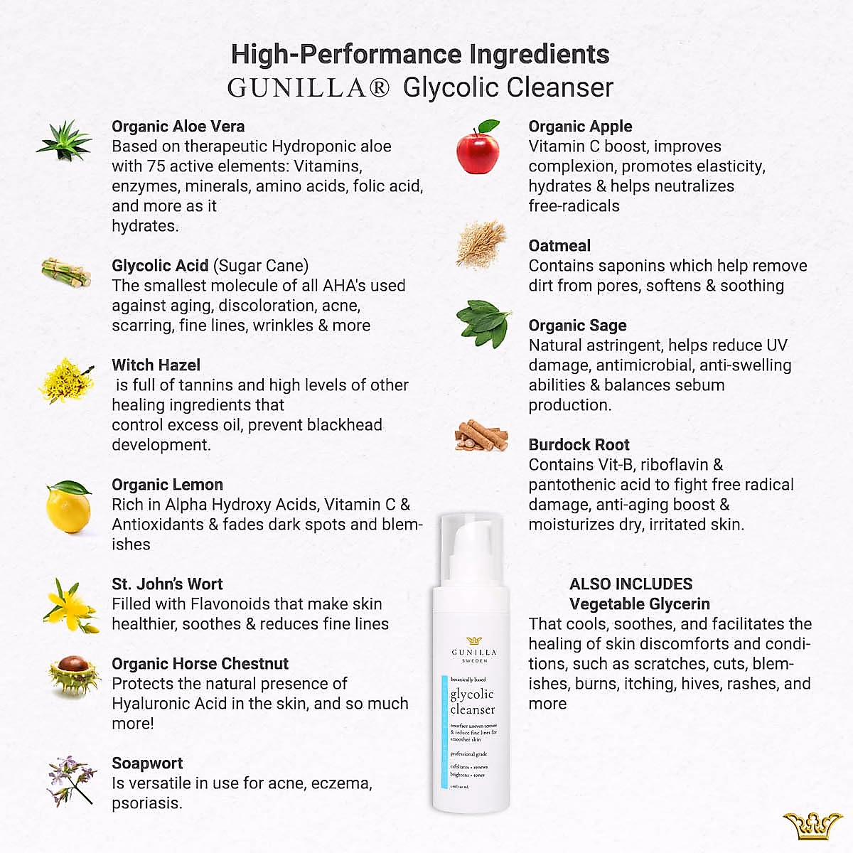 GUNILLA Glycolic Cleanser Exfoliating, Moisturizing Daily Face Wash for Anti-Aging. Aloe Vera Based with 16 Botanicals for All-Skin Types 4 oz.