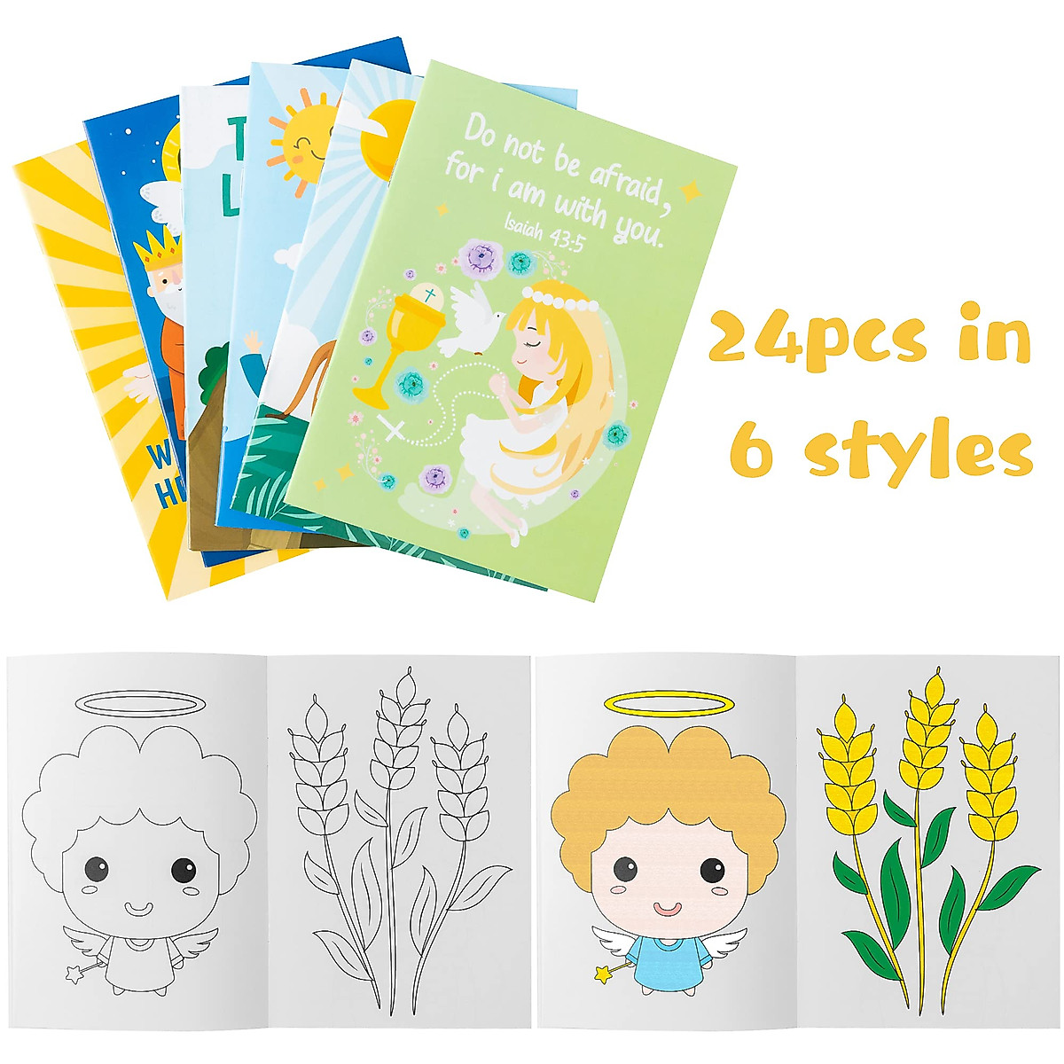 GROBRO7 24Pcs Christian Bible Coloring Books for Kids DIY Art Drawing Book with Angels Priests Churches Candles Crosses Patterns Color Booklets for Sunday School Classroom Rewards Goodie Bag
