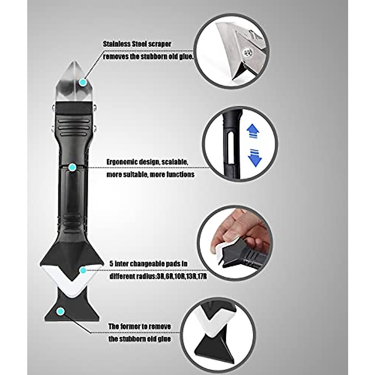 3 in 1 Silicone Caulking Tools, Glass Glue Angle Scraper, stainless steelhead Caulk Remover and Sealant Scraper, For Kitchen Bathroom Window And Frames Sealant Seals (1 Pack)