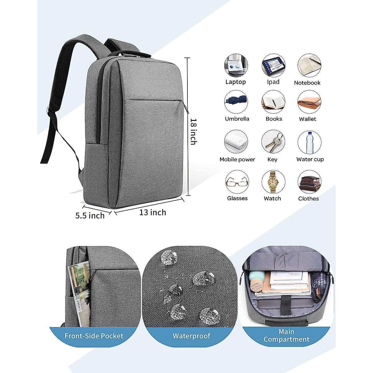 SUOKOMR Laptop Backpack for Men,Business Slim Backpack with USB Charger Lightweight Durable Travel Backpacks Mens Backpacks Water Resistant Laptop Bag for Work Office College(Grey)