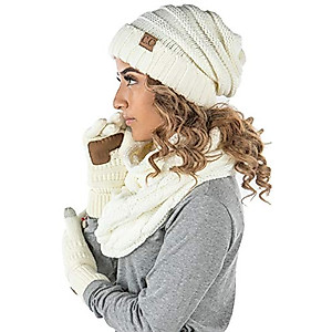 Funky Junque Oversized Beanie, Glove, & Scarf Bundle: Ivory