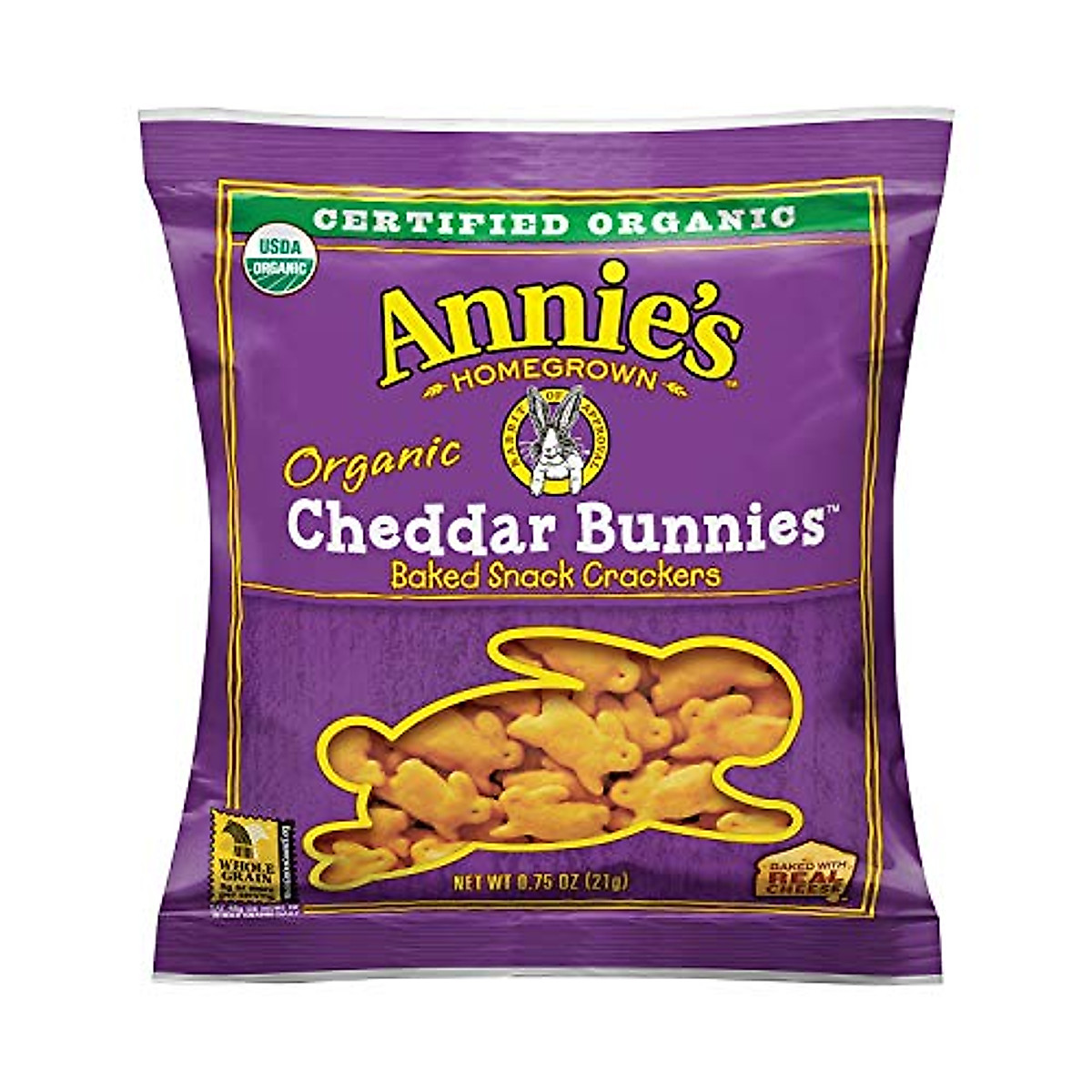 Annie's Organic Baked Snack Crackers, Single Serve, Cheddar Bunnies, 0.75 Oz (Pack of 100)