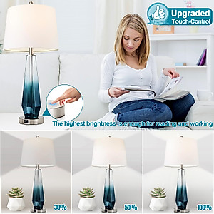 Modern Table Lamps Set of 2, 28" Teal Tall Lamp with USB C+A, Blue Glass Lamp Coastal Lamps with Linen Shade, Nightstand Bedside Lamps for Living Room End Table Buffet Lamps