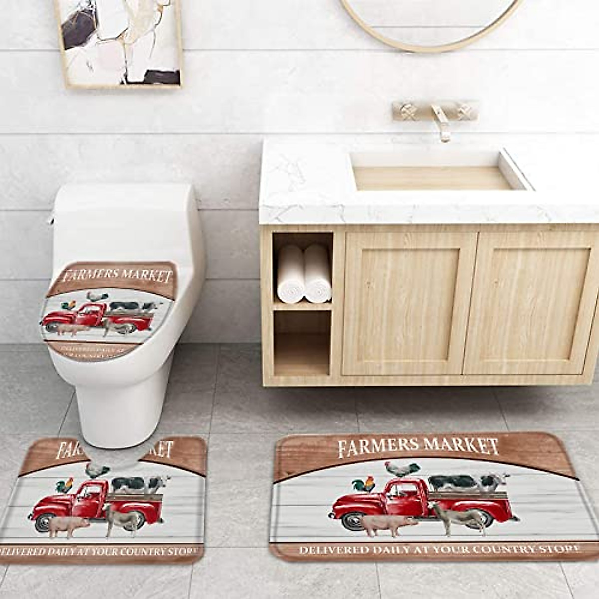 4 Pcs Shower Curtain Sets with Rugs,Vintage Farm Animals Cows Roosters Red Truck Wood Grain Background Bathroom Sets,Waterproof Non-Slip Shower Curtain U-shaped Rug Bath Mat Toilet Lid Cover 12 Hooks
