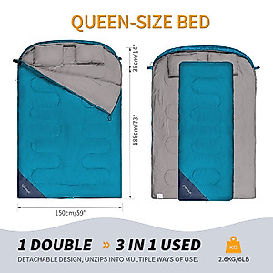 Double Sleeping Bag for Adults, 2 Person Sleeping Bag with Pillows for Camping Backpacking Hiking, XL Queen Size Two Person Sleeping Bag for Cold Weather & Warm (Blue-Polyester, Queen Size XL)