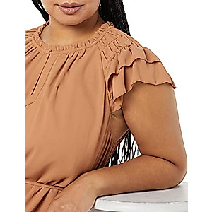 Amazon Essentials Women's Relaxed Fit Lightweight Georgette Split Neck Flutter Sleeve Shift Dress, Light Brown, Large