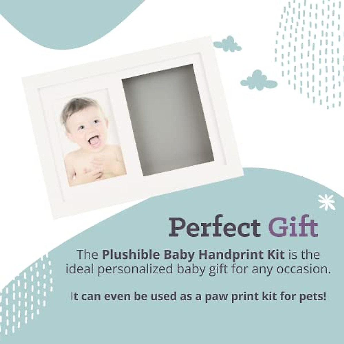 PLUSHIBLE Baby Handprint Footprint Keepsake Kit, New Mom, Grandma, For Mom, Baby Hand and Footprint Kit, Personalized, Baby Registry, Picture Frame, 3D Casting Kit, White Frame, Gold Prints