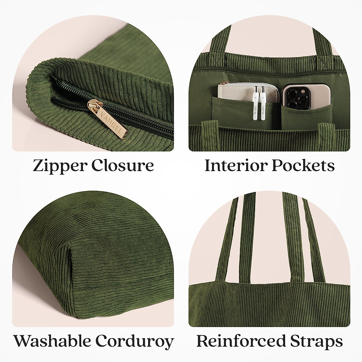 VANDEL Corduroy Tote Bag for Women and Men with Zipper and Inner Pockets. Cute School Tote Bag with Zipper, Aesthetic
