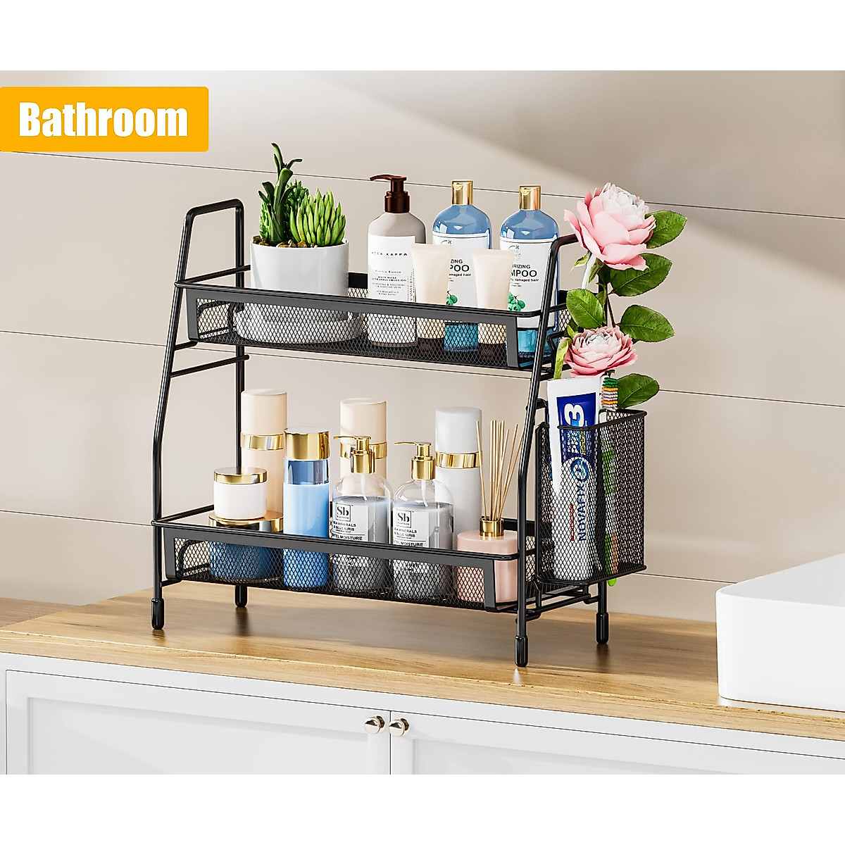 Famhap Bathroom Counter Organizer, Bathroom Organizer Countertop with Side Basket, Kitchen Countertop Organizer, Metal Spice Rack Organizer, Black 13.8"x7"x12.6"