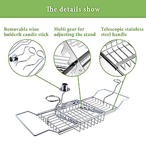Yontree Bathtub Tray Caddy Stainless Steel Expandable with Bathroom Wine Glass Racks Reading Holder (24-33) x3.3x7.9 Inches